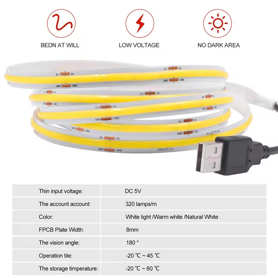 DC 5V 12V 24V COB LED Strip 320 LEDs/m High Density Flexible COB LED ...