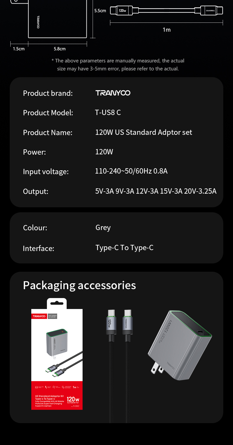 Tranyoo US8C 120W Super Fast Charger Type-C Port High Power Charging Support Phone Laptop ...