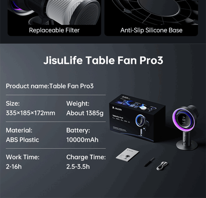 JISULIFE Table Fan Pro 3 Rechargeable Air Purifier Fan 100 Speeds ...