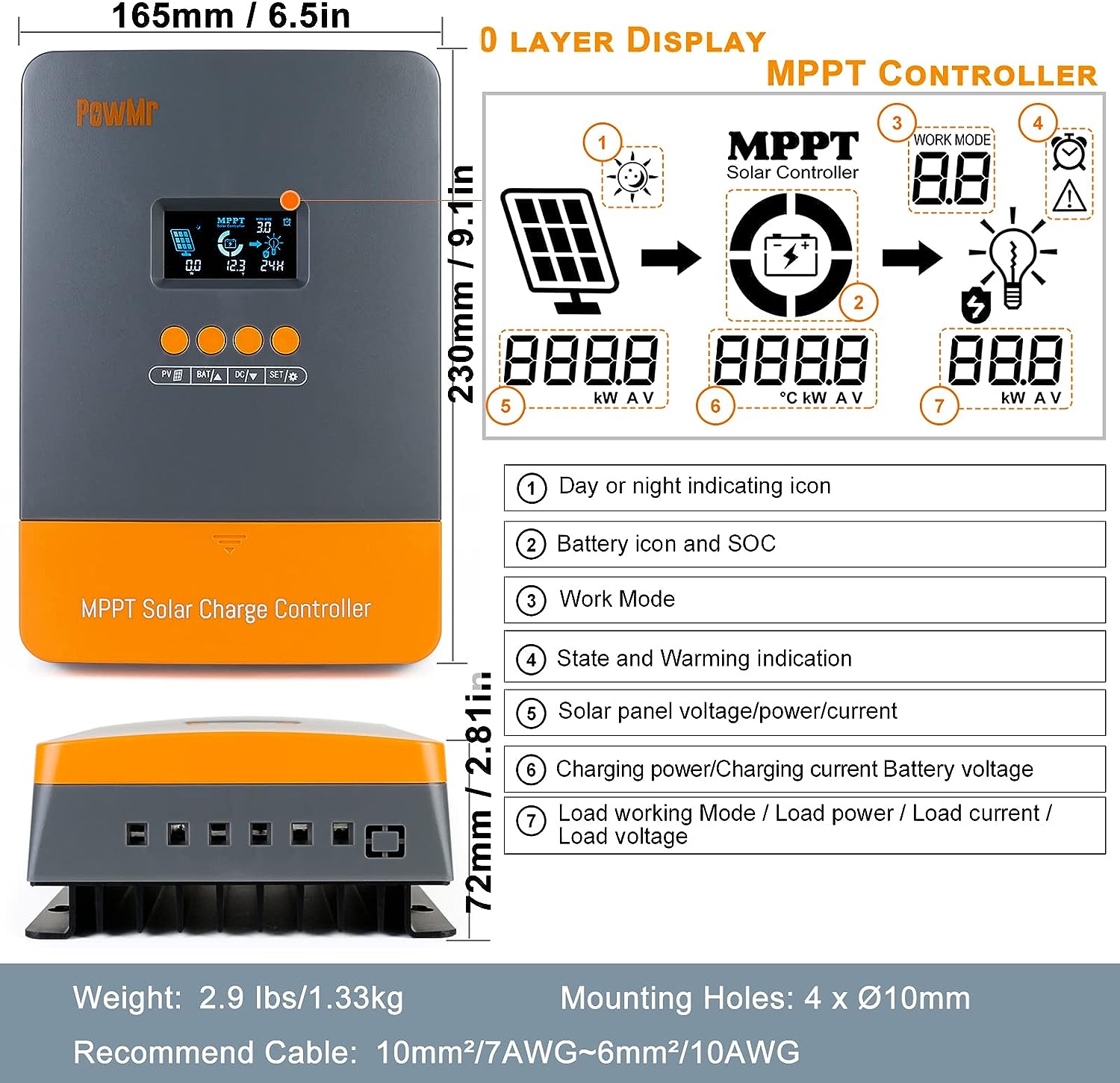 【Official Store】PowMr MPPT 60A Solar Charge Controller 12V/24V/36V/48V Automatic Identification ...