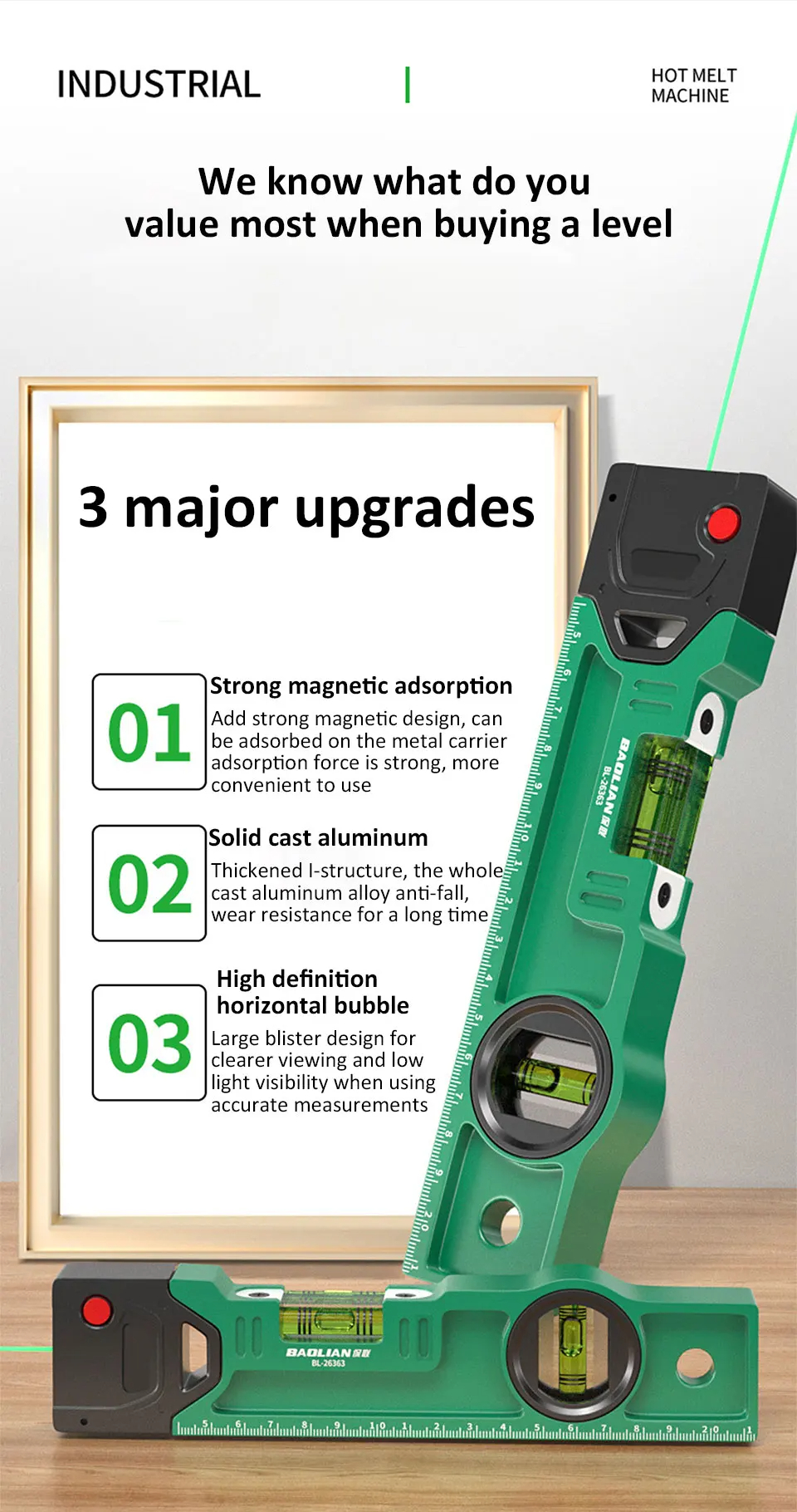 3-In-1 Level Ruler with 2 Bubbles, Cross Laser Marking Laser Level Type ...