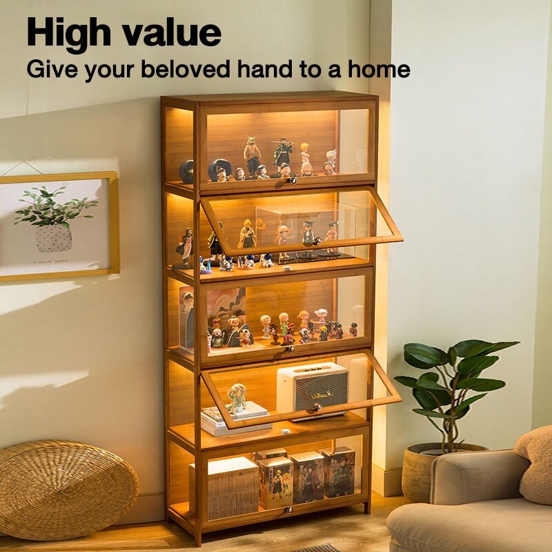 4/5Layers Bamboo Display Cabinet Transparent Acrylic Dustproof Storage ...