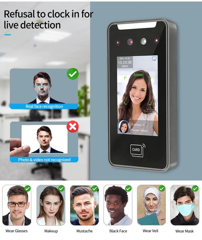 5000 User 4 Inch Touch Lcd 2MP Camera Biometric Face Recognition Wifi Access Control Employee ...