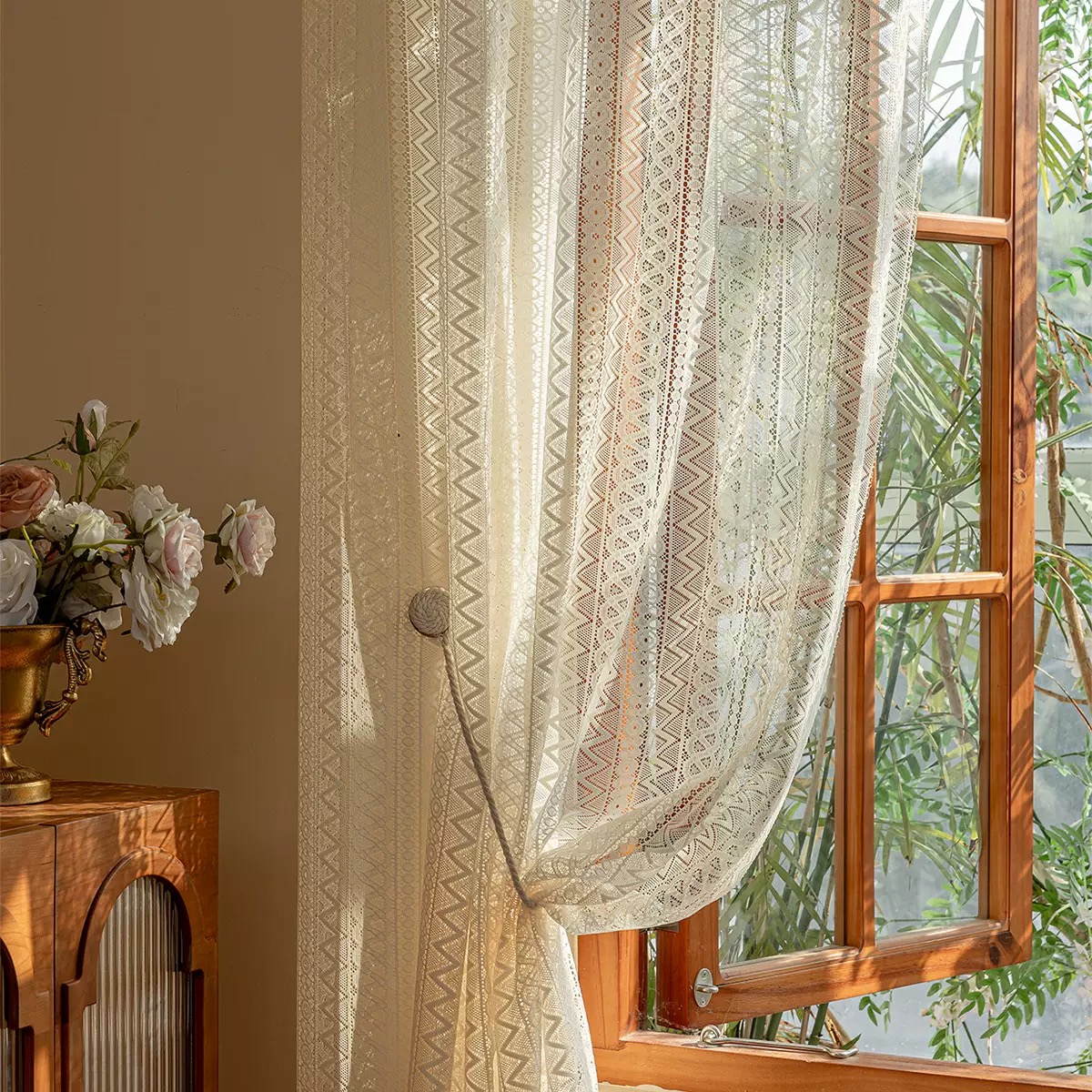 5ft/7ft/8ft Luxurious Beige Semi Sheer Curtains - Palm Leaves Embossed ...