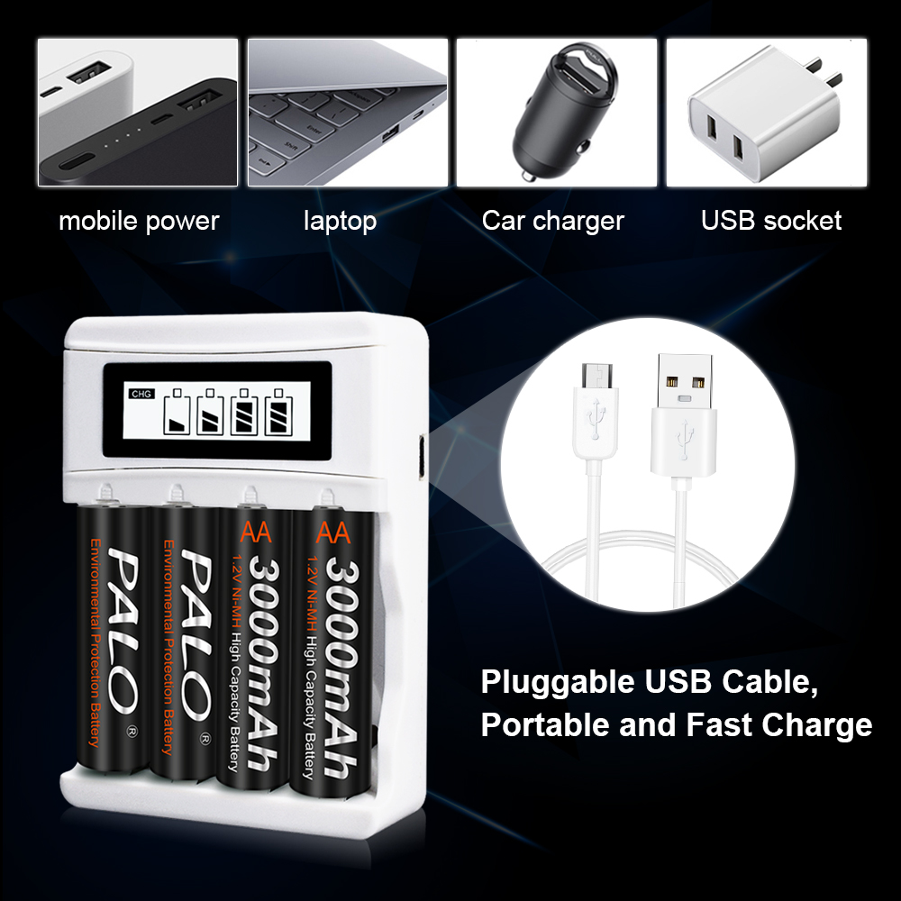 PALO 1.2V NI-MH AA Rechargeable Batteries 3000mAh and 1.2V smart USB battery charger | Shopee ...