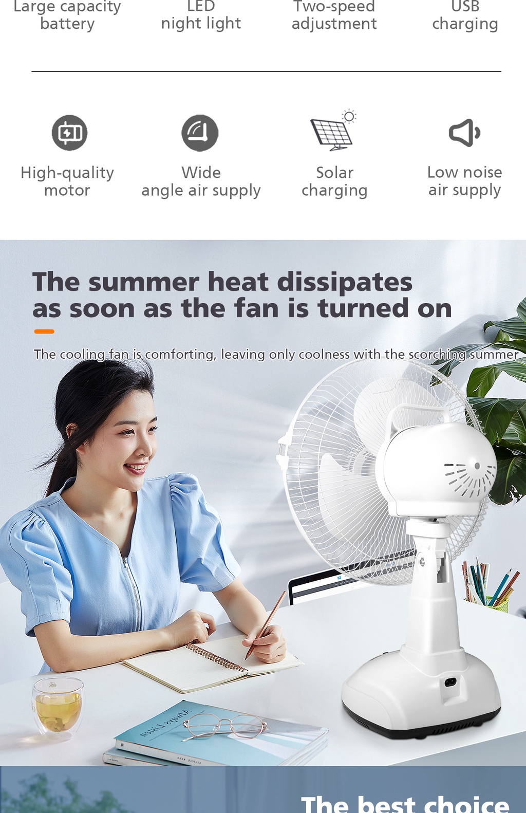 Solar electric fan 12 inch rechargeable 2 LED lights 220V AC desktop ...