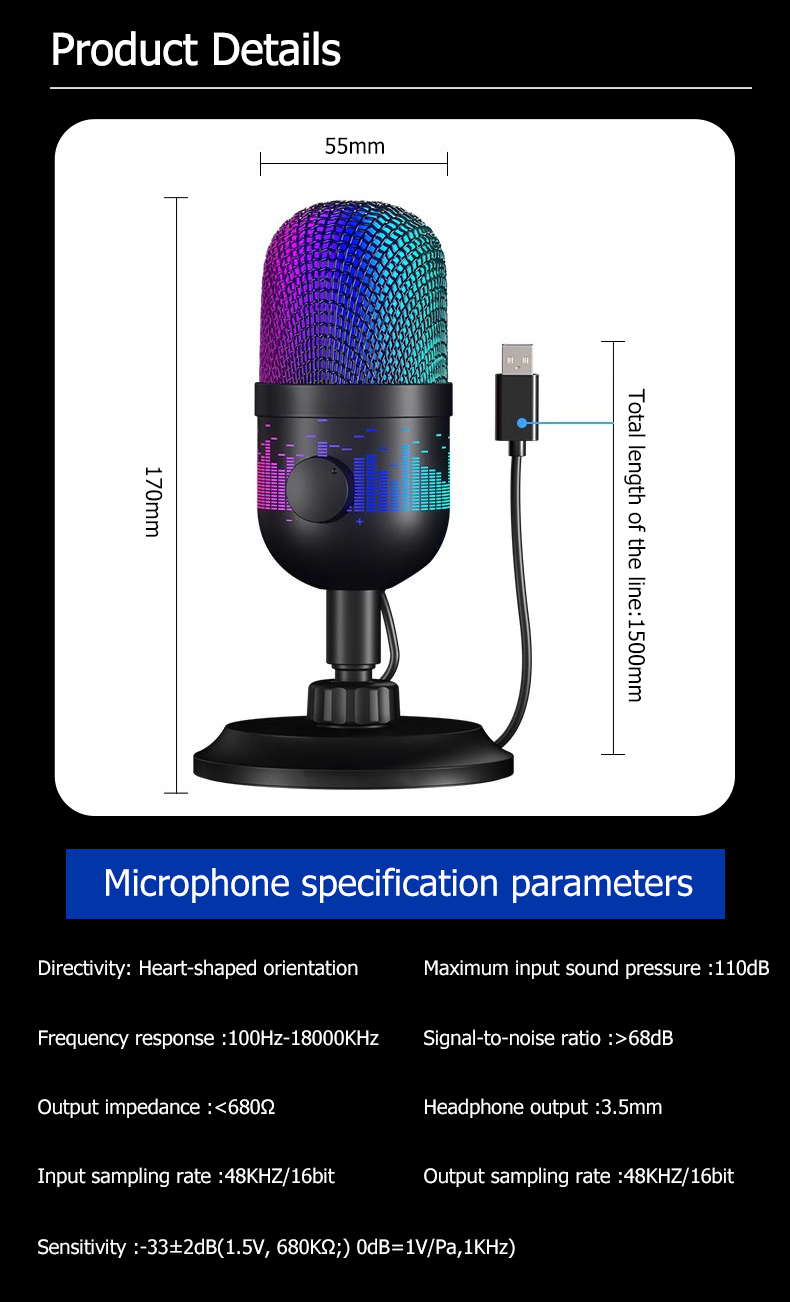 DEG AK-1i Mini Color RGB Microphone USB Capacitor Wired Gaming Mic for ...