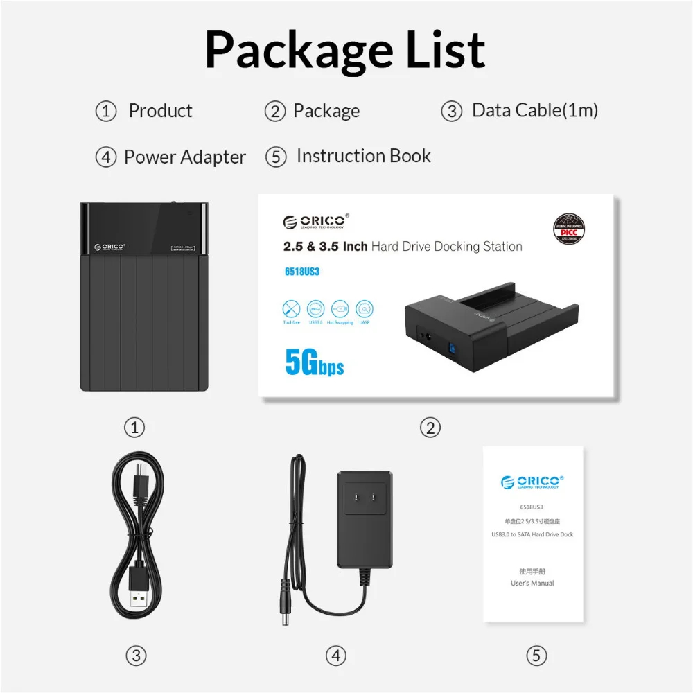 ORICO HDD Docking Station SATA 2.5/3.5inch HDD Support 8TB HDD (6518 ...
