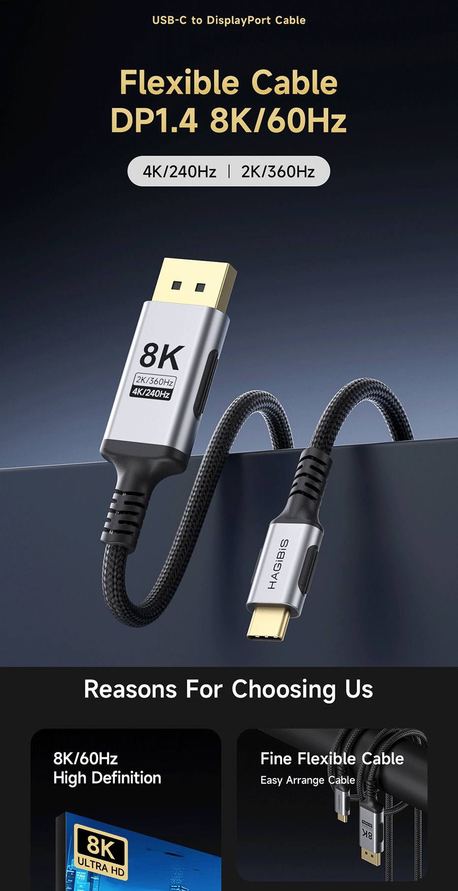 Hagibis 8K USB C to DisplayPort 1.4 Cable Super Soft Bi-directional ...