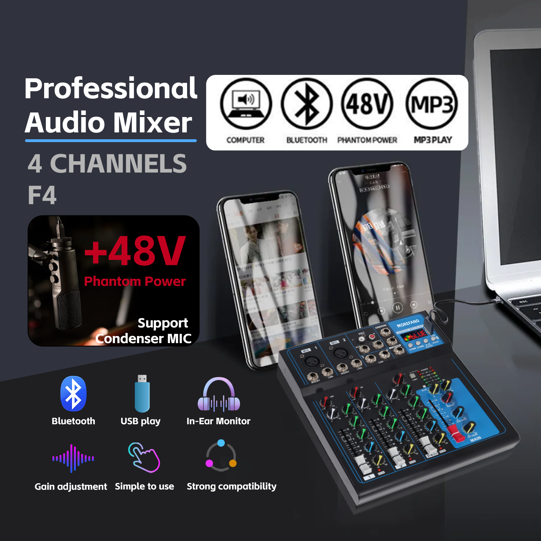 MIXER/ F4/F7 4/7Channel Professional Mixer MP3 player with USB port ...
