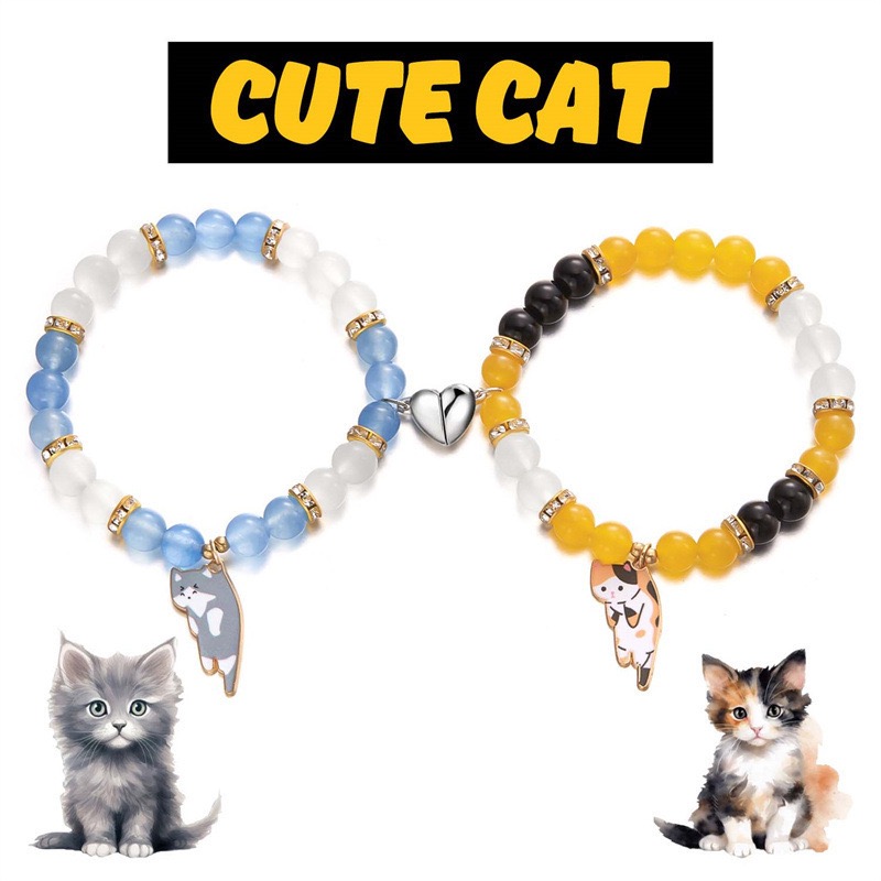 Adjustable Couple Magnetic Cat & Heart Beaded Bracelets Set Perfect ...
