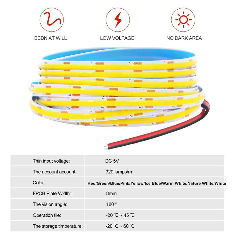5V COB LED Strip Light with 2 Pin Wire, Flexible 320leds/m COB LED Tape ...