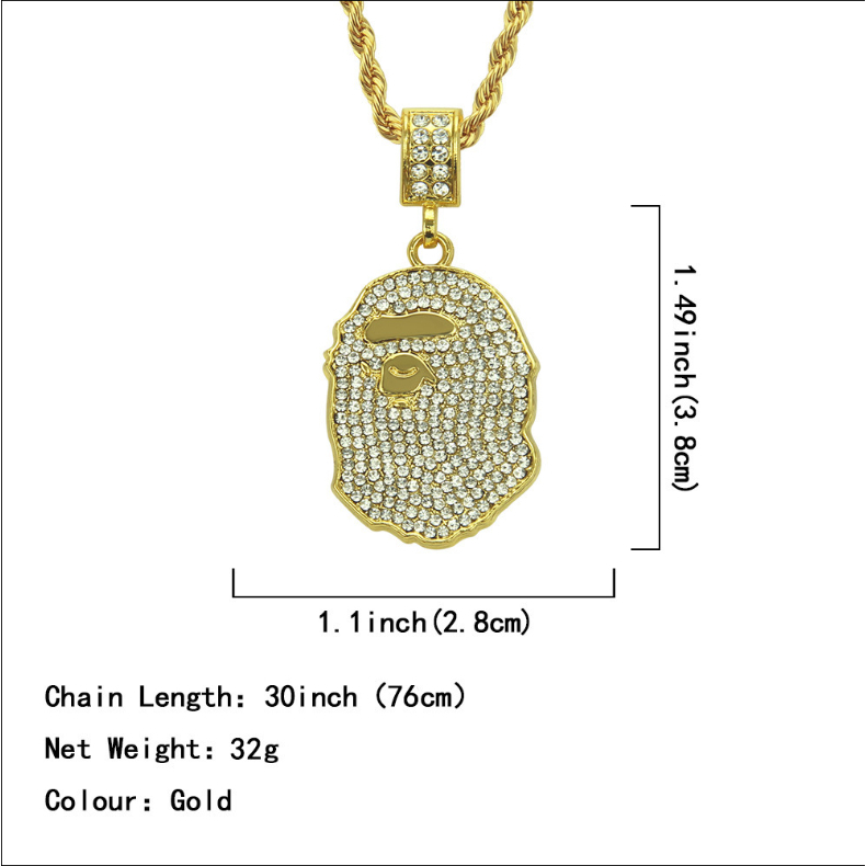 Hip Hop Necklace Chris Brown Style Diamond Ape Head Bape Jewelry for ...