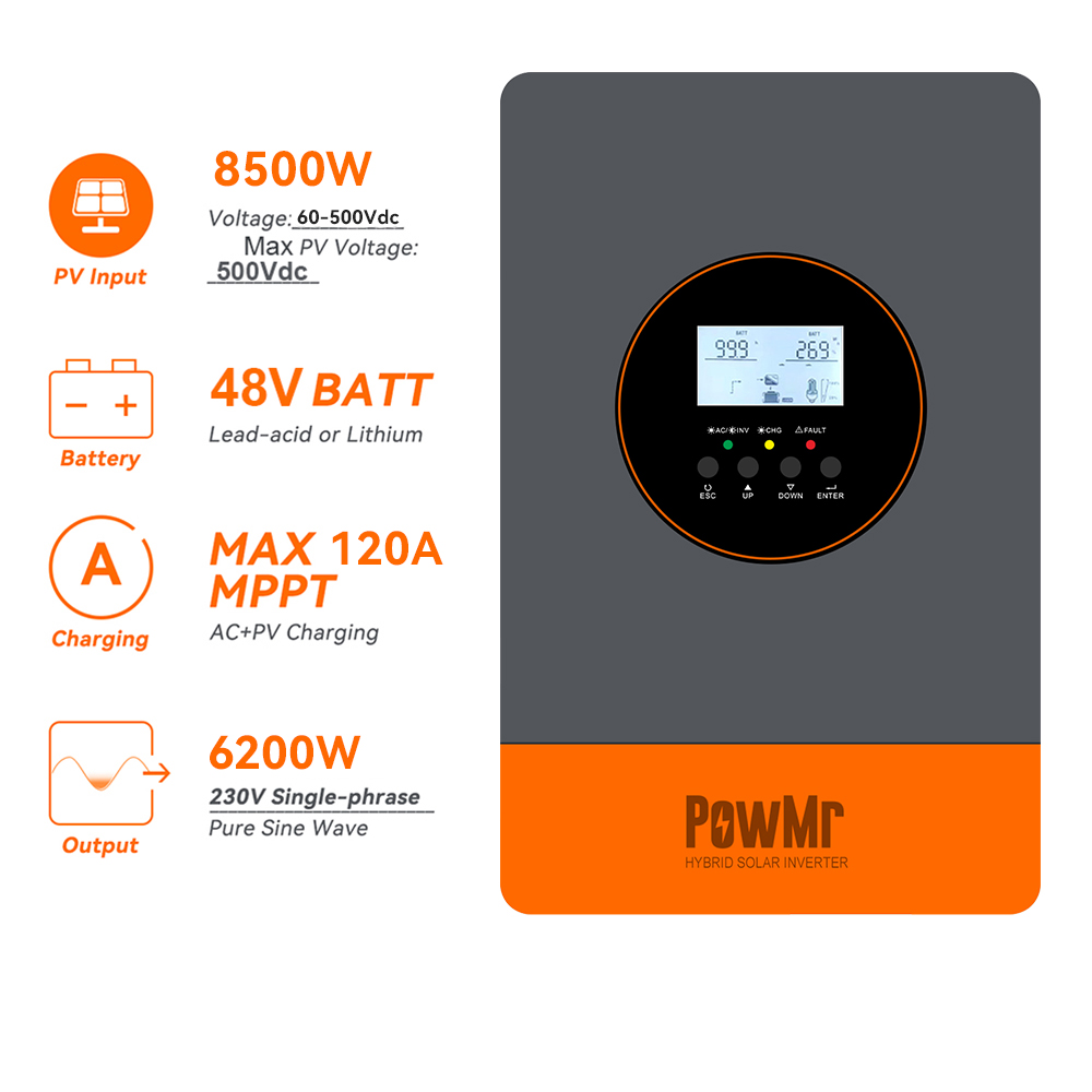 PowMr MPPT 6.2KW Off Grid Solar Hybrid Inverter 230Vac Built-in 120A MPPT Solar Charger ...