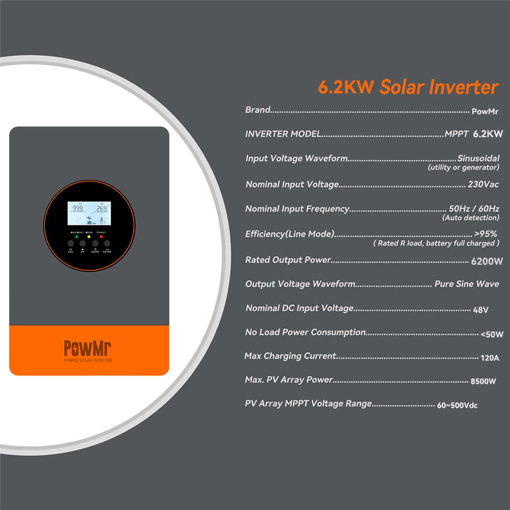 【New Version】PowMr MPPT 6.2KW Off Grid Solar Hybrid Inverter 230Vac Built-in 120A MPPT Solar ...