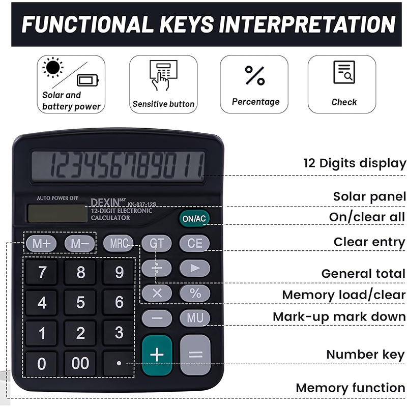 12-Digit Large LCD Display Solar Battery Dual Power Standard Function ...