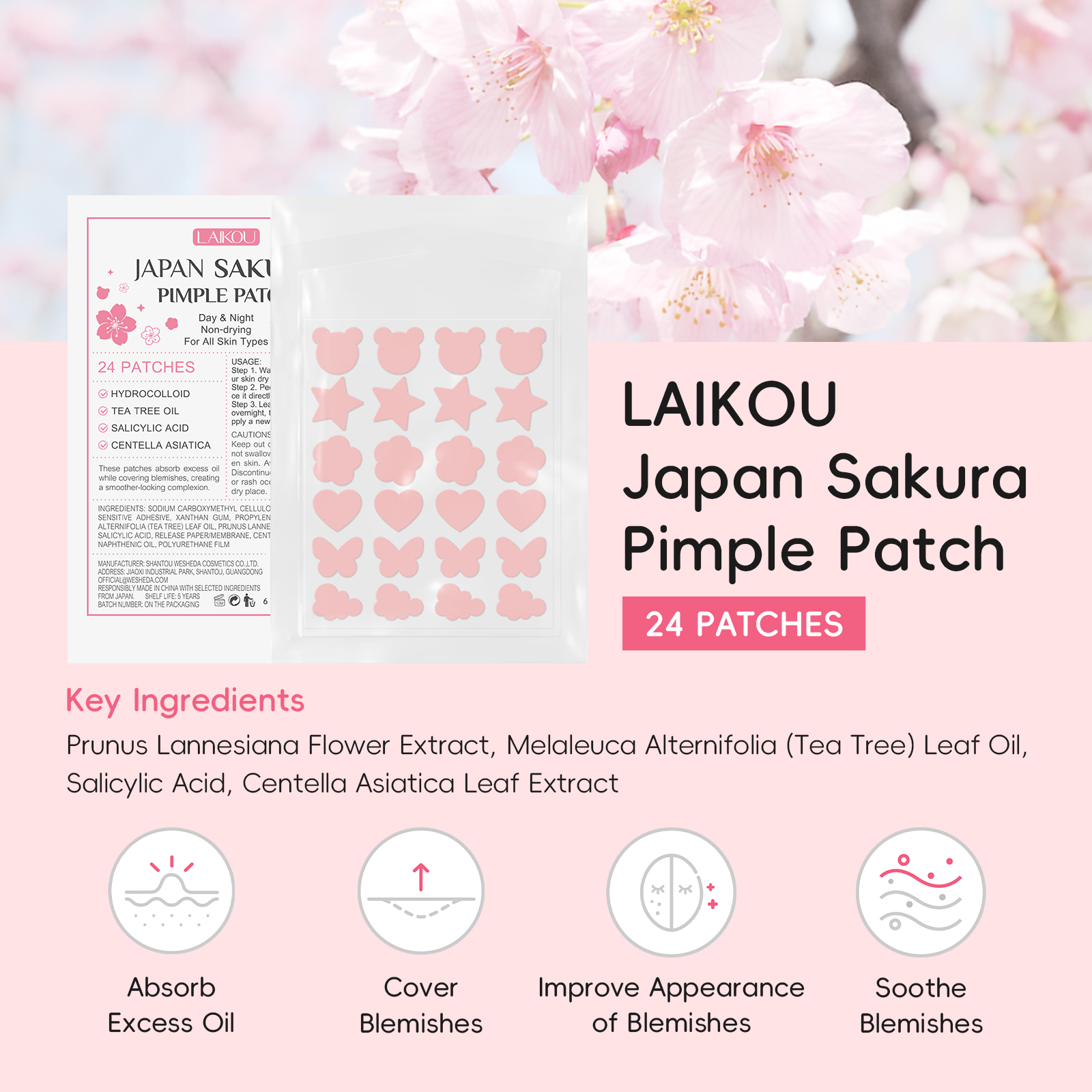 LAIKOU Japan Sakura Pimple Patch Salicylic Acid Centella Asiatica Non ...