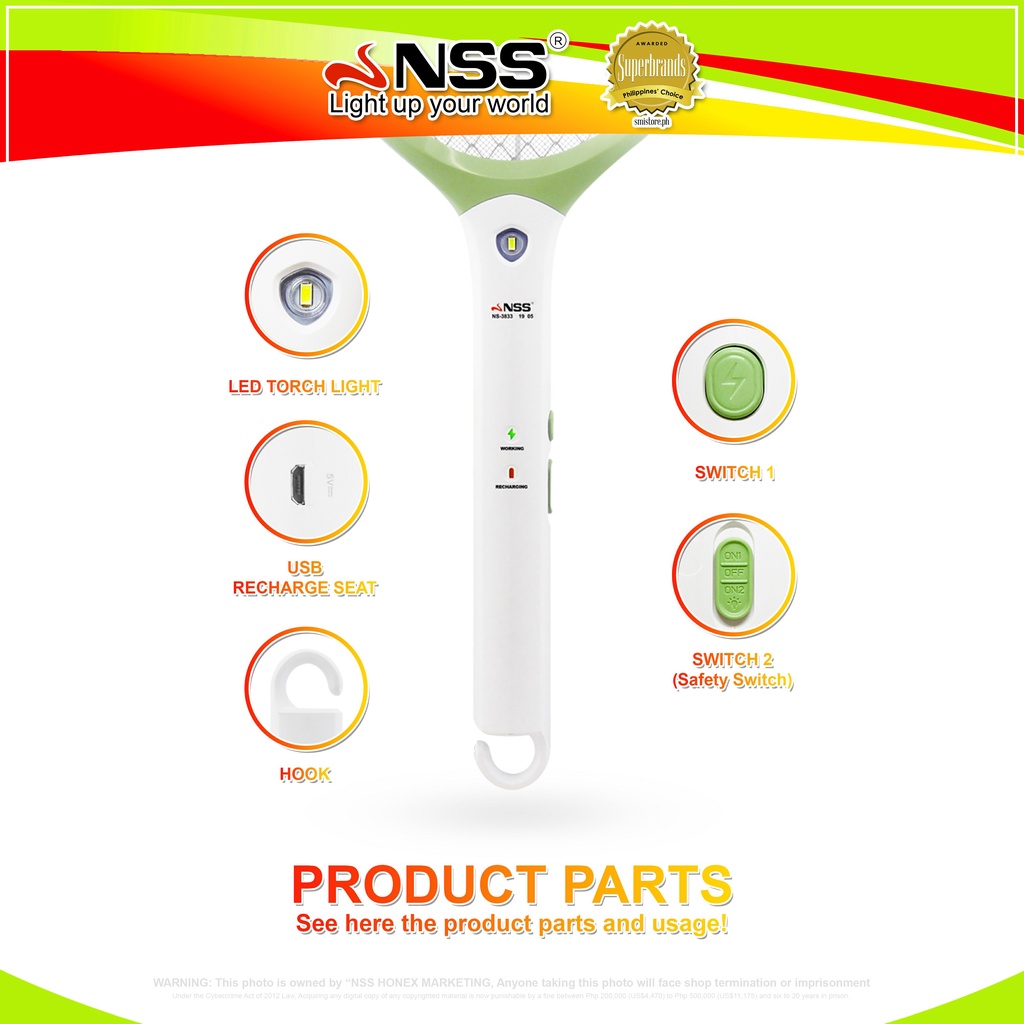 NSS 4000V Rechargeable Electric Mosquito Killer Swatter with LED Light ...