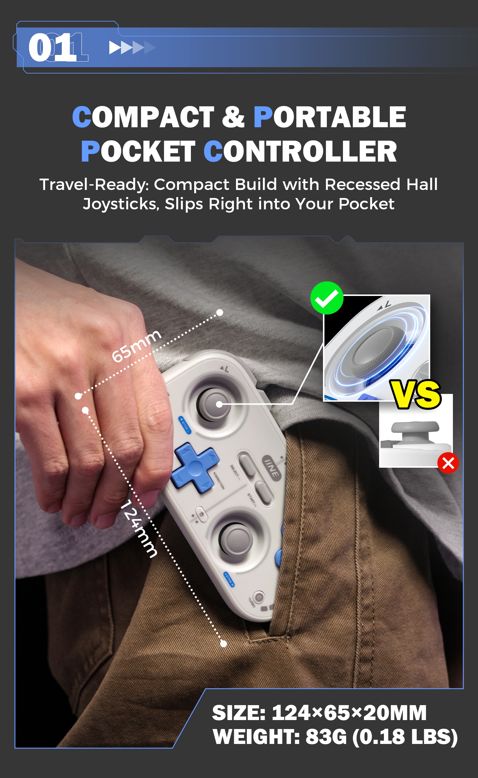 IINE Retro Pocket Game Controller /Compact & Portable Hall Joysticks + 1000Hz Recessed Joystick ...