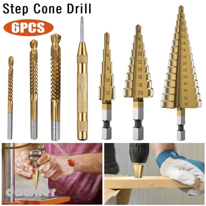 Gerudi Step Drill Bit Set - 6Pcs Titanium Coated HSS Bits for Metal and ...