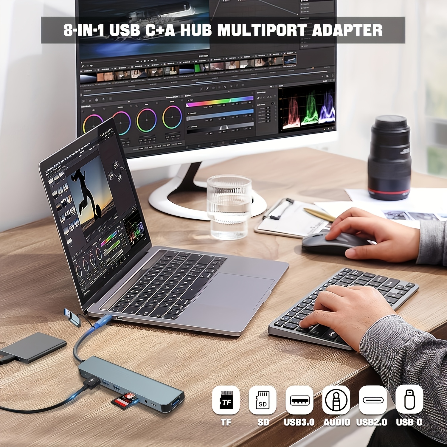 8 in 1 USB Hub Expander Dock Type C TF SD Reader Audio Compatible with ...