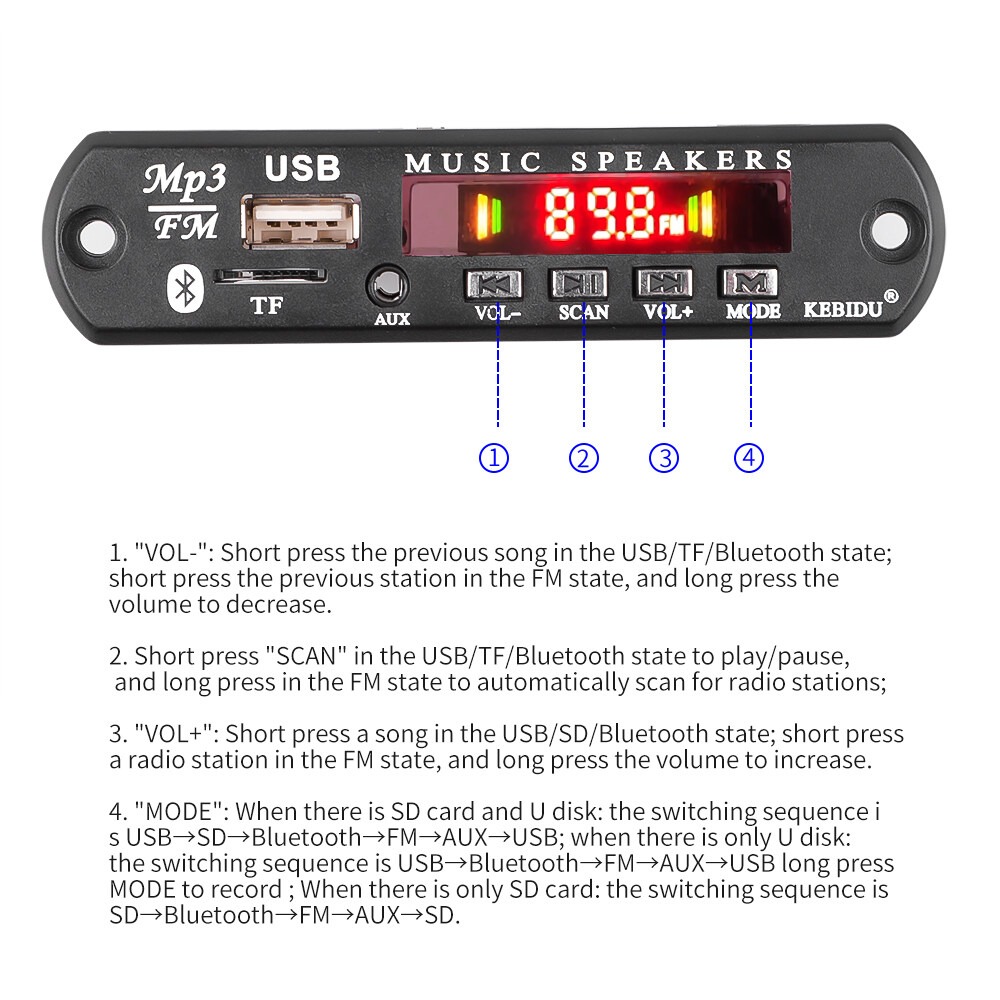 12V Bluetooth 5.0 MP3 Board Module – USB/TF Audio Player with FM ...