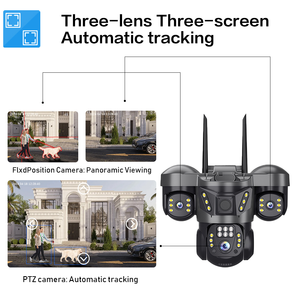 LLSEE V380 Pro 6K Three Lens Three Screen 15MP Outdoor Solar Camera 4G ...