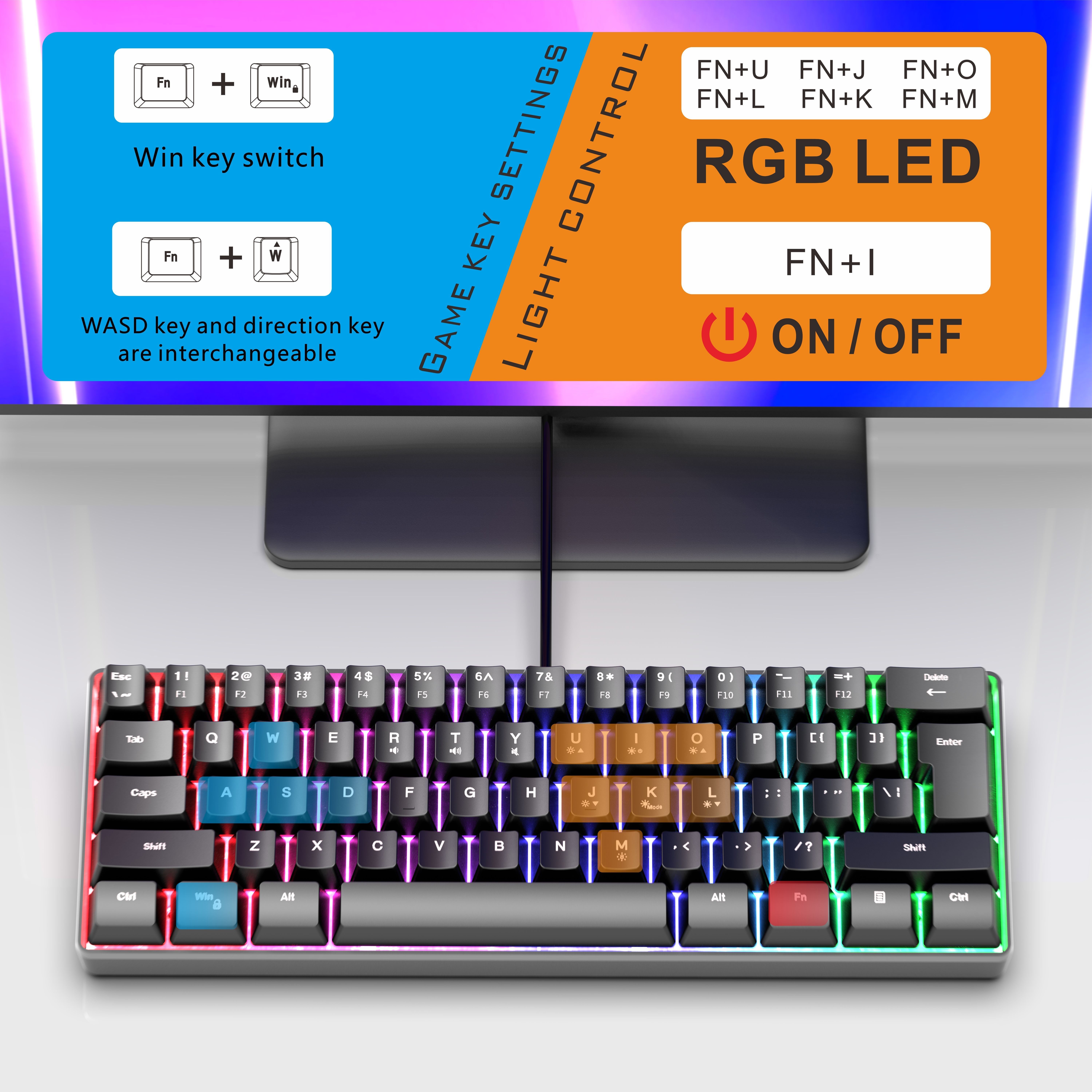 61 Key USB Keyboard RGB Luminous Mini 60% for Computer Notebook ...