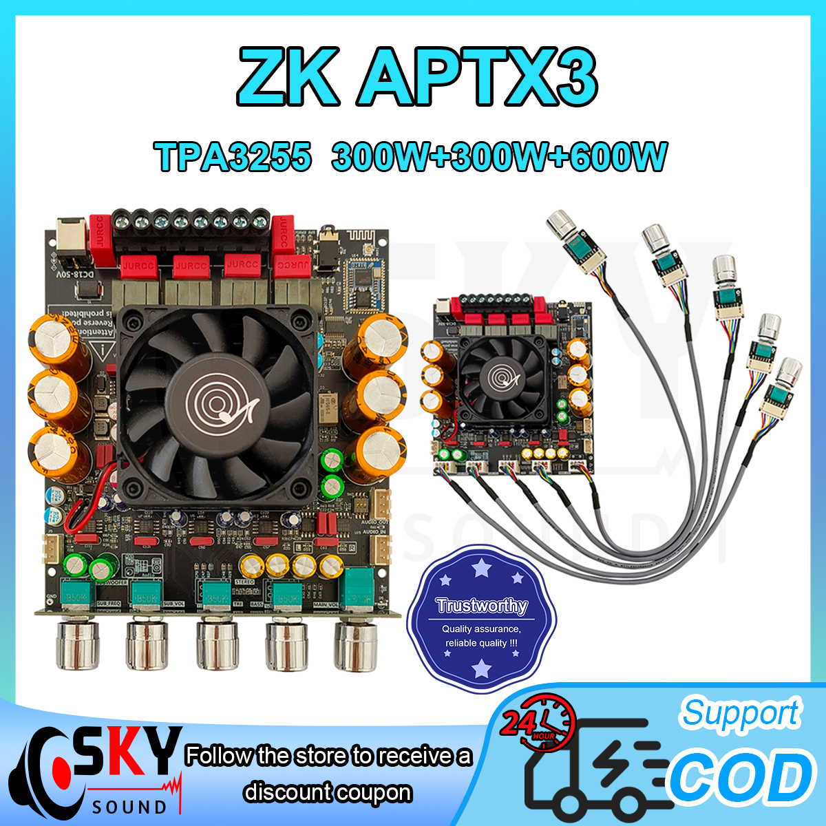 SKYSOUND ZK-APTX3 Qualcomm Bt Amplifier Board 2.1 Channel 300W+300W ...