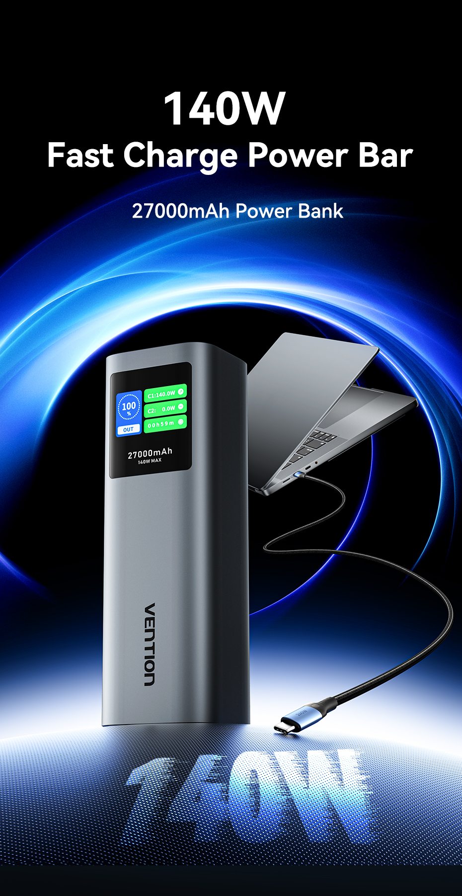 Vention 140w 27000mAh Powerbank For Phone/Laptop/Game Console Fast ...