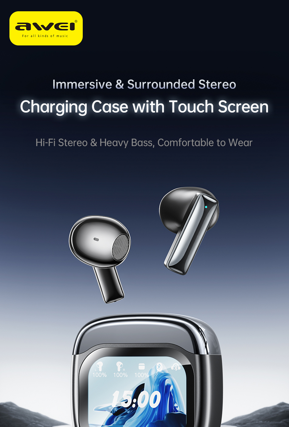 Awei TP100 ENC LCD Smart Touchscreen Color Display Bluetooth Earbuds ...