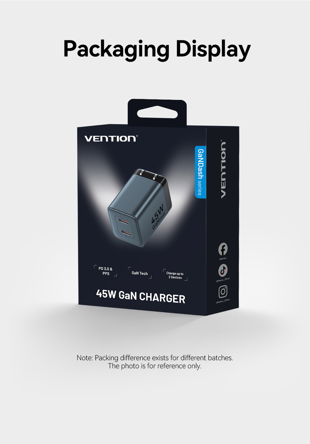Vention 45W GaN USB-C Fast Charger Dual-Port PD3.0 & PPS Smart Fast & Charging 90-degree ...