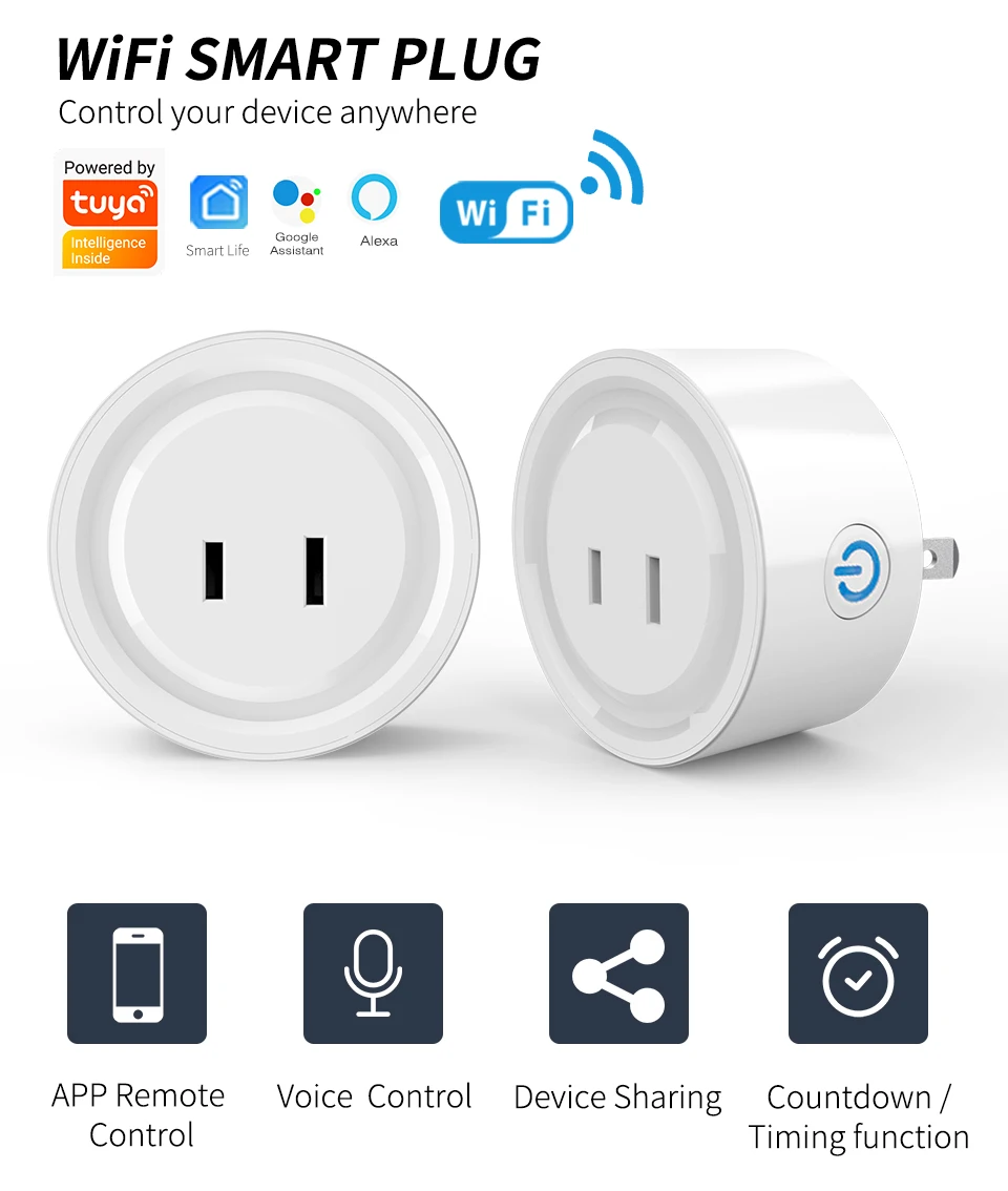 Smart Socket 2 Pin Flat US Plug for Tuya Wifi Sockets Support Smart ...