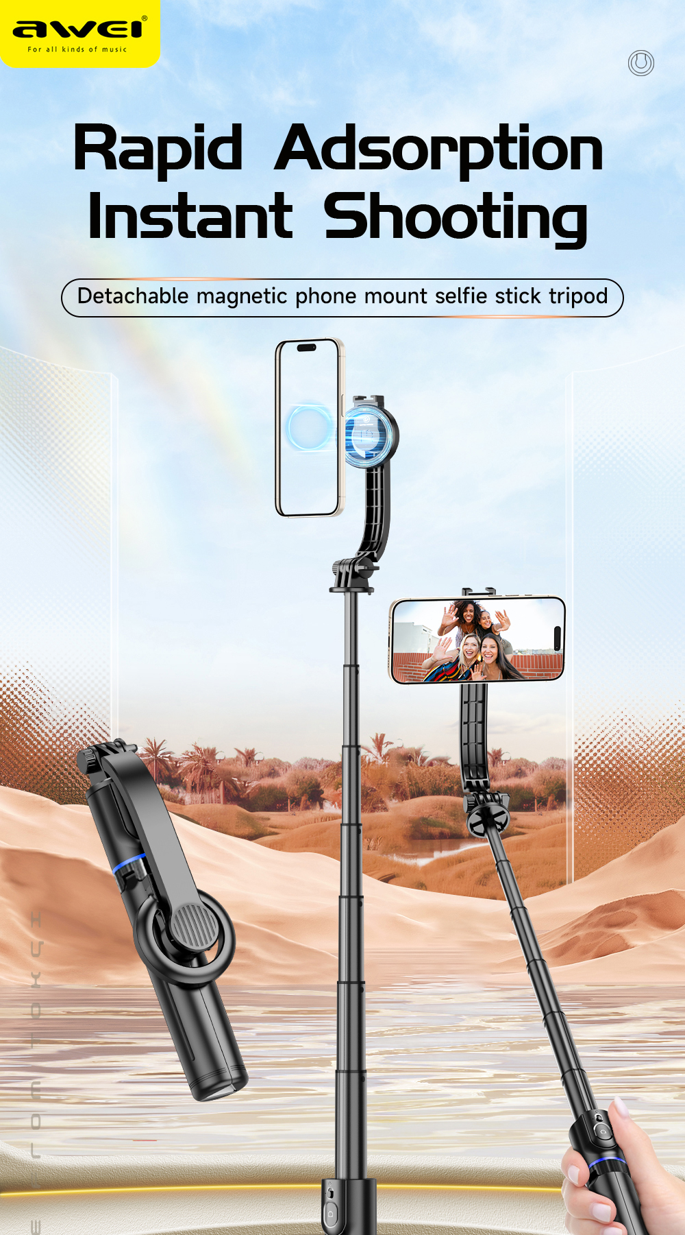 Awei X51 3-in-1 Magnetic Selfie Stick Tripod 360° Rotating With ...