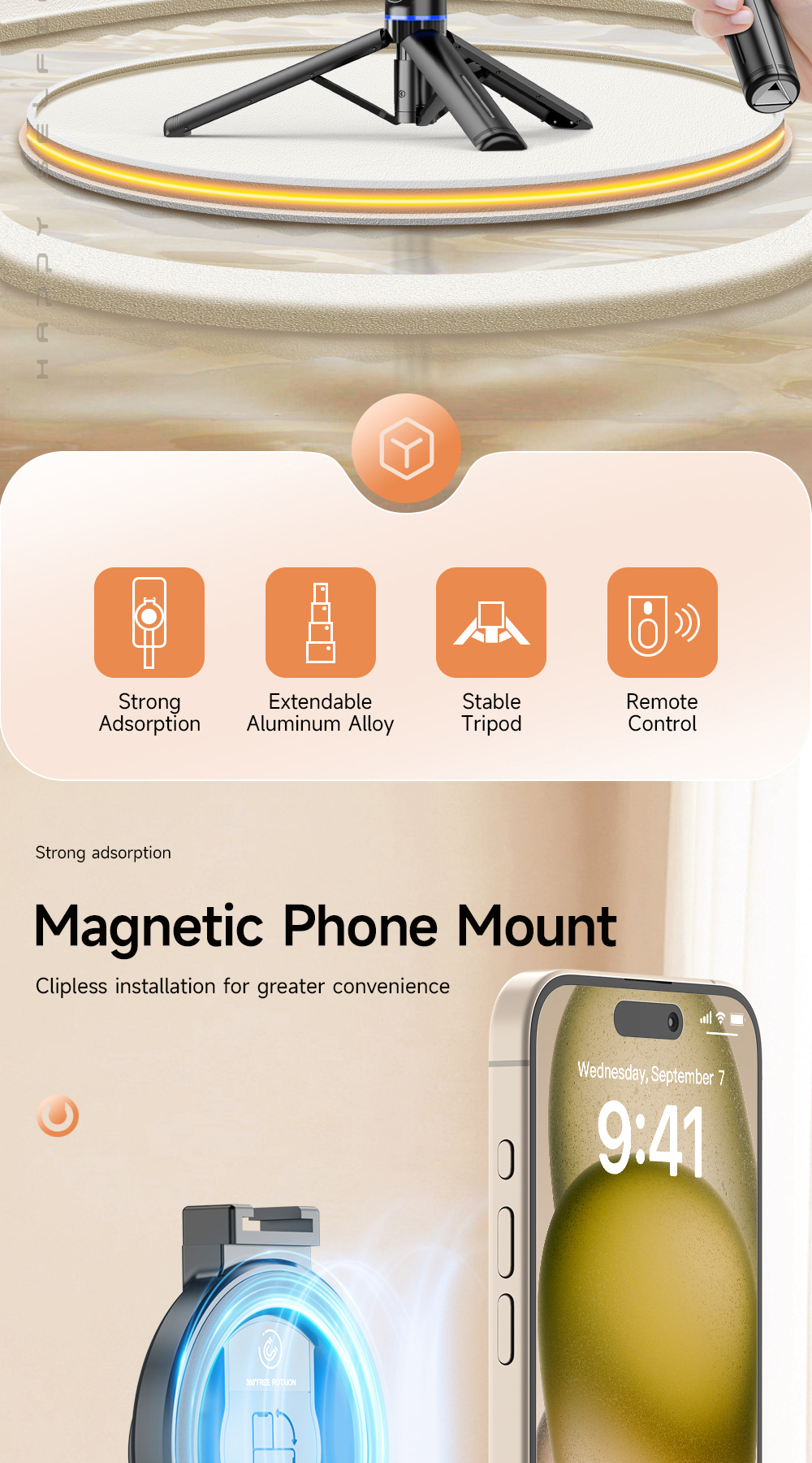 Awei X51 3-in-1 Magnetic Selfie Stick Tripod 360° Rotating With Bluetooth Remote Phone Holder ...