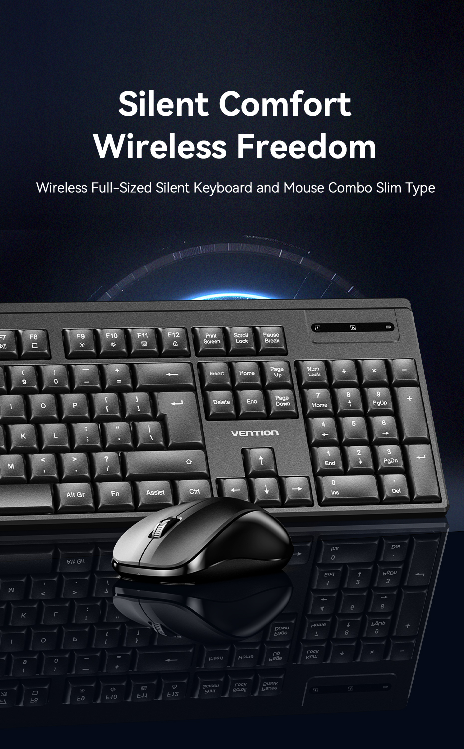 Vention Wireless 2.4G Full-Sized Silent Keyboard and Mouse Combo Slim Type USB Receiver Skin ...