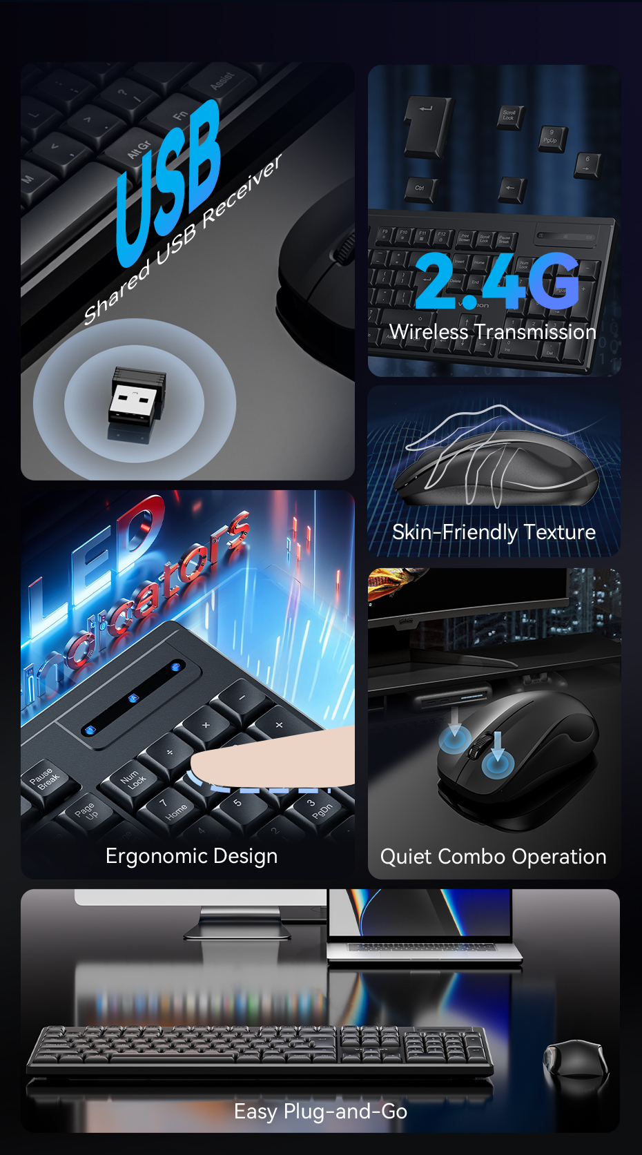 Vention Wireless 2.4G Full-Sized Silent Keyboard and Mouse Combo Slim Type USB Receiver Skin ...