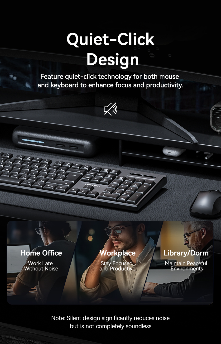 Vention Wireless 2.4G Full-Sized Silent Keyboard and Mouse Combo Slim Type USB Receiver Skin ...