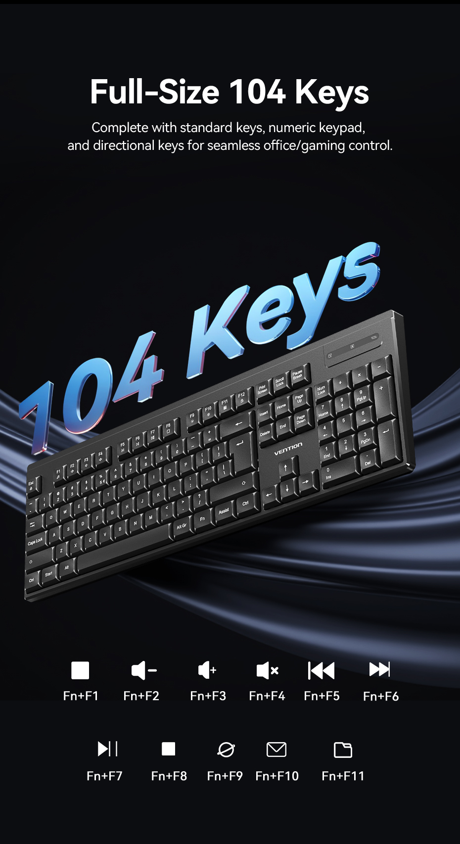 Vention Wireless 2.4G Full-Sized Silent Keyboard and Mouse Combo Slim Type USB Receiver Skin ...