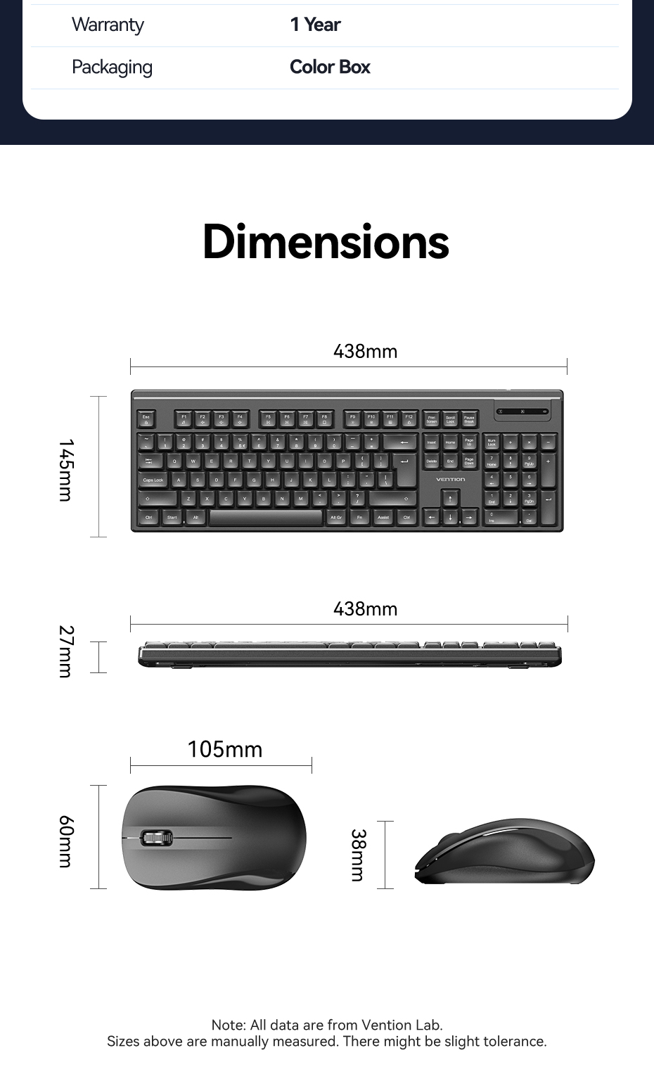 Vention Wireless 2.4G Full-Sized Silent Keyboard and Mouse Combo Slim Type USB Receiver Skin ...
