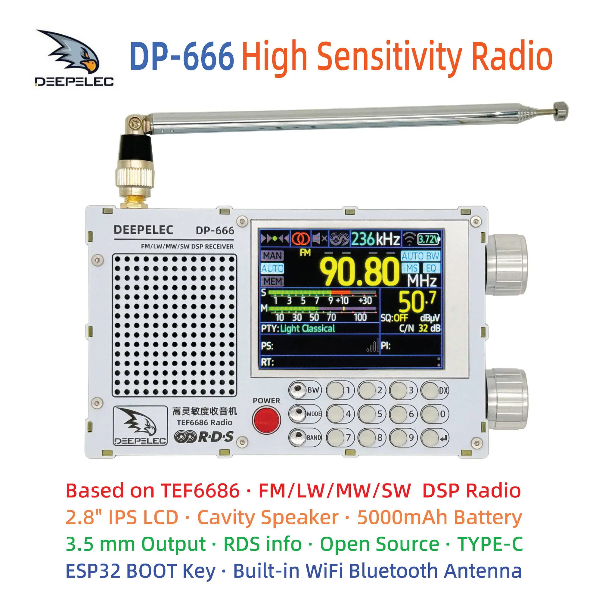 DP-666 DEEPELEC TEF6686 Radio High Sensitivity Full Band FM AM LW MW SW Shortwave ESP32 RDS 2.8 ...