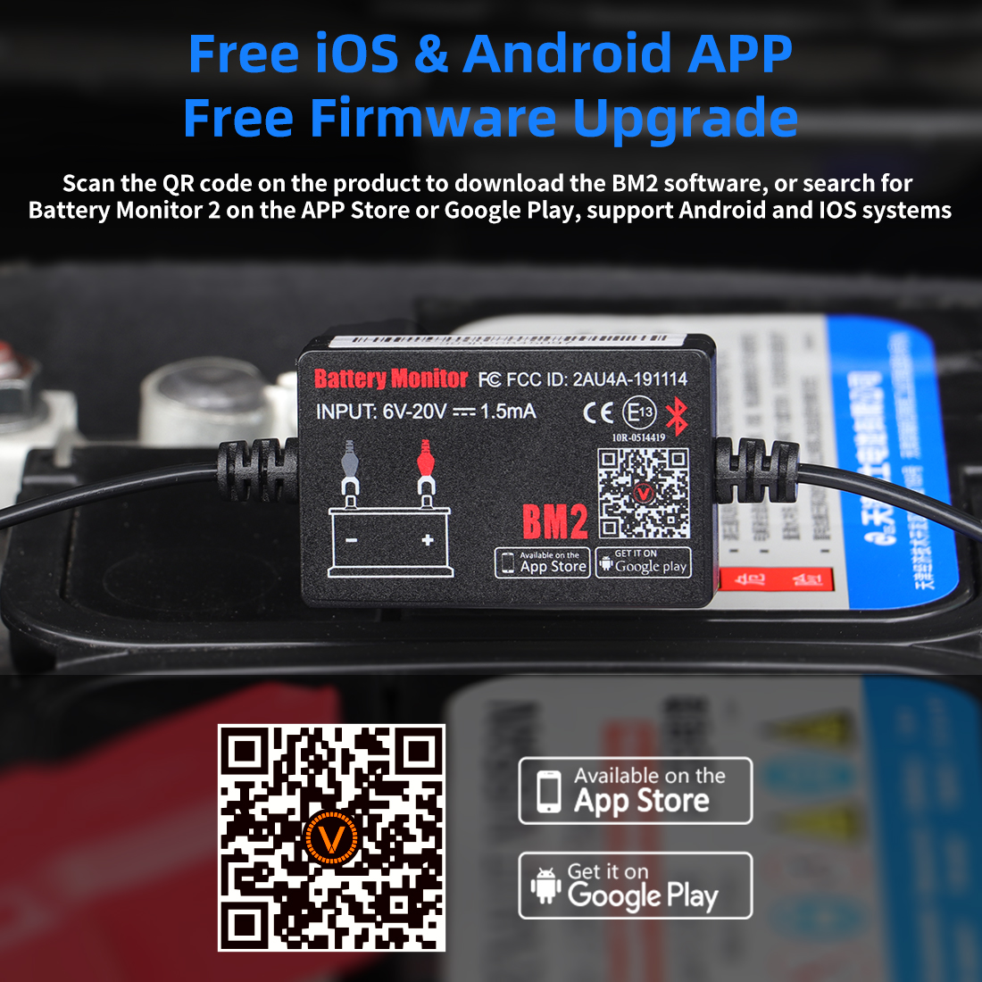 QUICKLYNKS BM2 Automotive 12V Bluetooth Battery Health Monitor SOC SOH ...