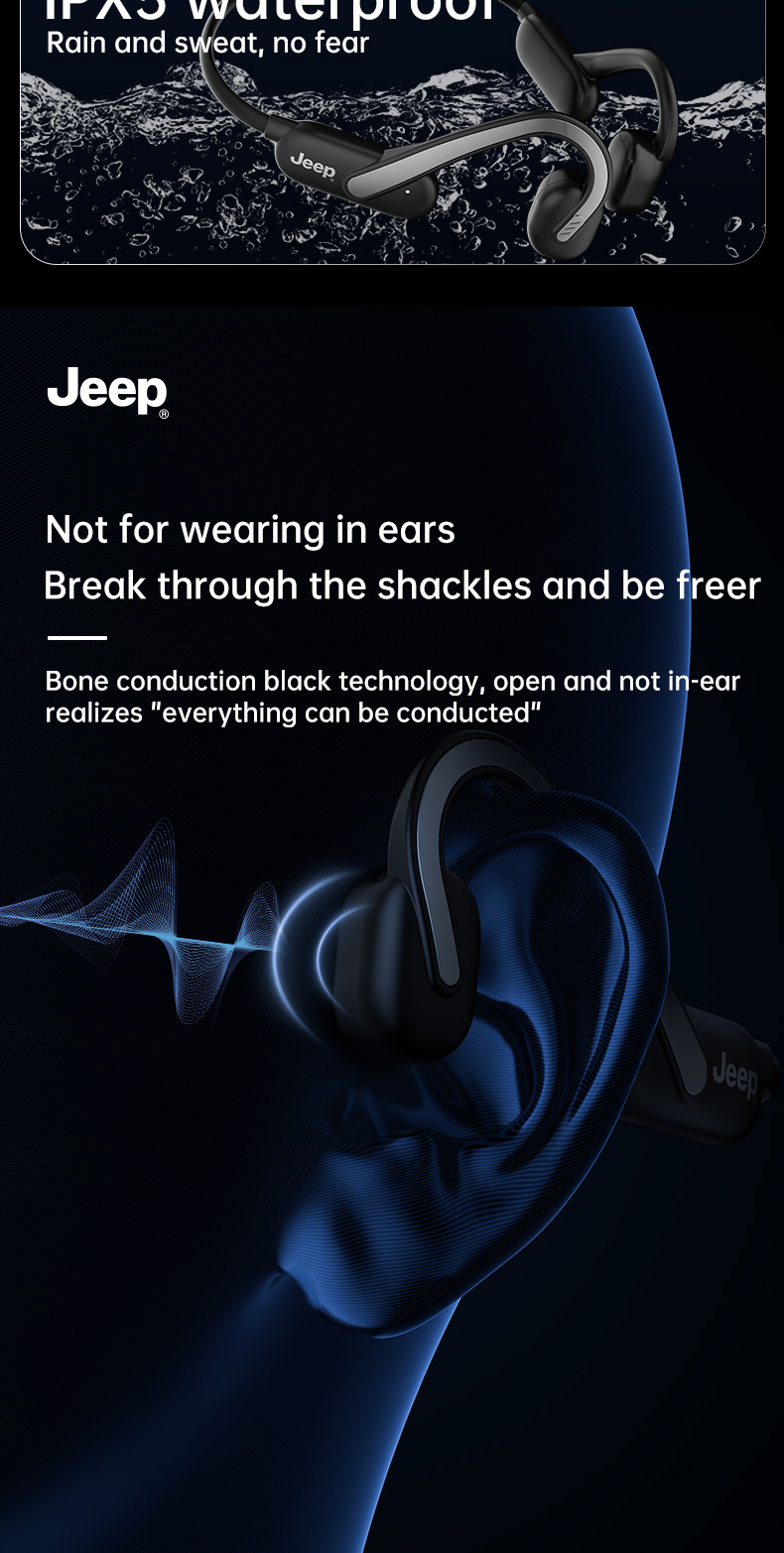 Jeep EC026 Bone Conduction Headphones IPX5 Waterproof HD Calls Open Ear ...