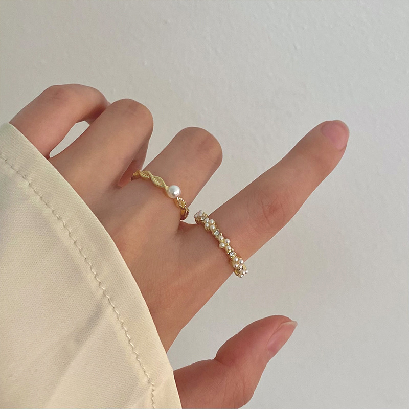 2Pcs Elegant Gold Pearl Rings for Women Matte Wave Twists Ring Set Jewelry Accessories | Shopee ...