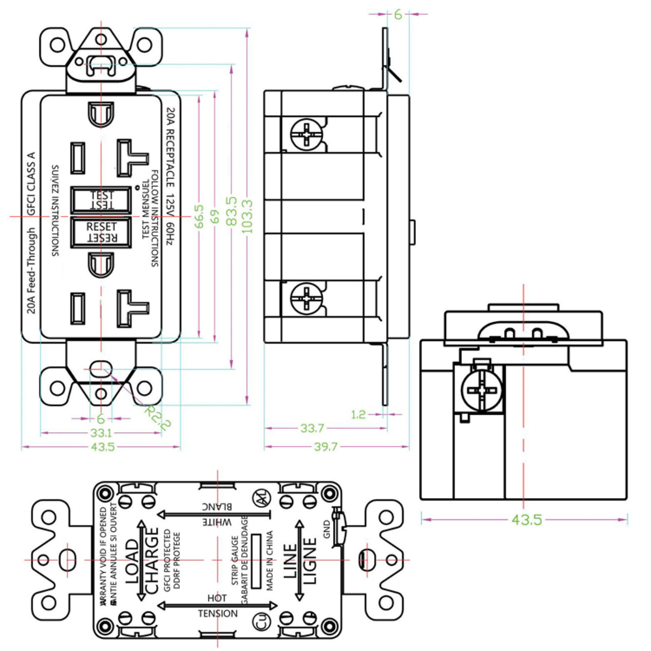 2-Gang GFCI Duplex Safety Outlet 20A 220v Universal Outlet With Ground ...