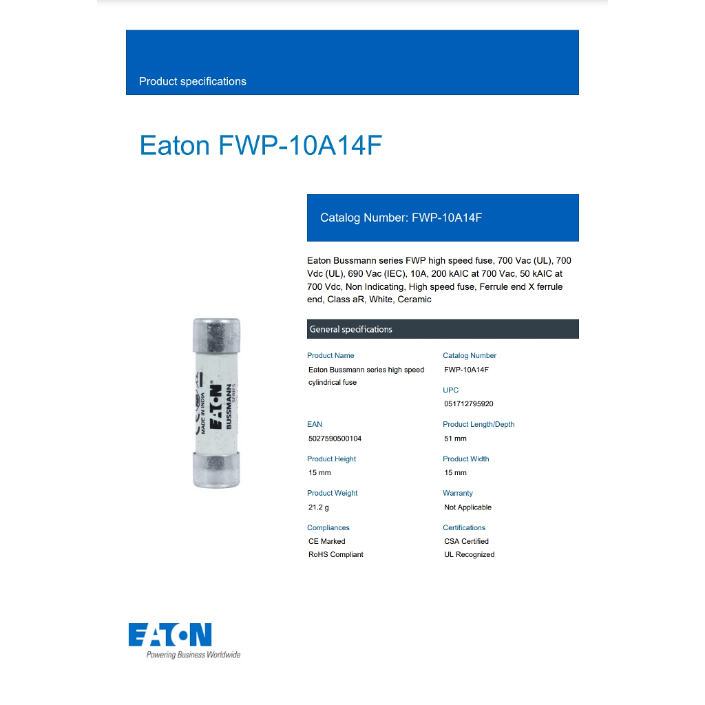 BUSSMANN EATON Fuse FWP-10A14Fa 15A14Fa 20A14Fa 25A14Fa 32A14Fa 40A14Fa ...