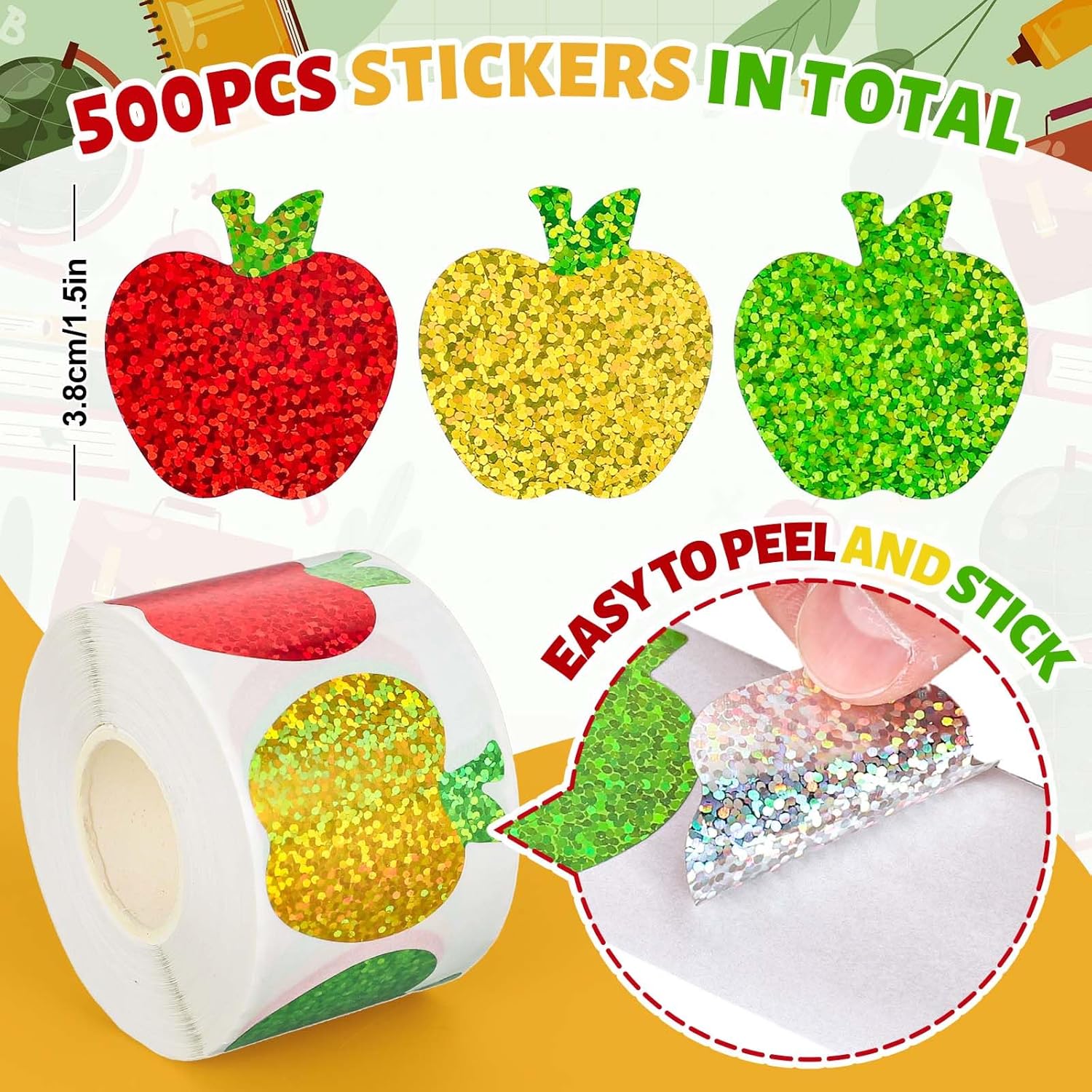 School 500pcs 1 Roll Laser Apple Waterproof Decals 3 Colors Self ...