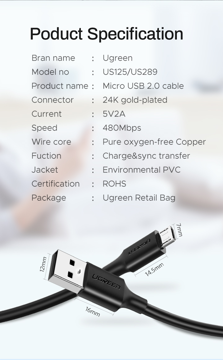 UGREEN USB A To Micro USB Cable 2A Qualcomm 3.0 QC Quick Charge Fast ...