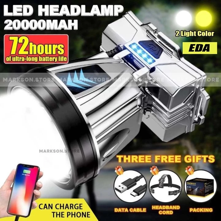Headlight Flashlight Rechargeable Waterproof 2000m HighbeamHeadlamp ...