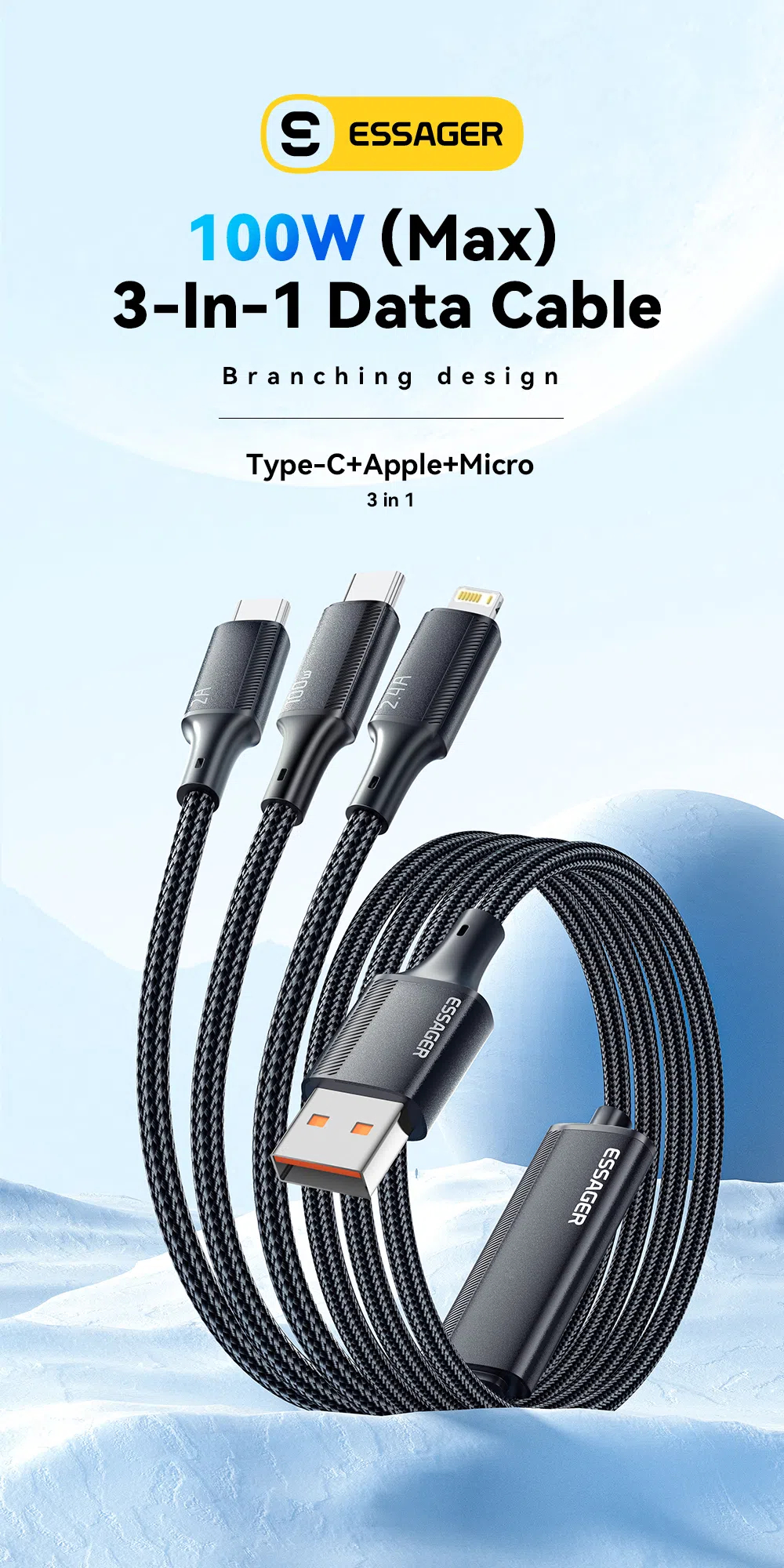 ESSAGER 7A 100W 3 in 1 USB Type C Cable Micro Iph Plug Wire Mobile ...